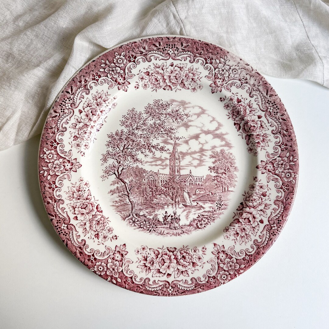 Vintage Red and White Dinner Plate, Red Pink Transferware Luncheon ...