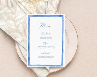 Watercolor Blue Frame Dinner Menu TEMPLATE, Light Blue Watercolor Frame ...