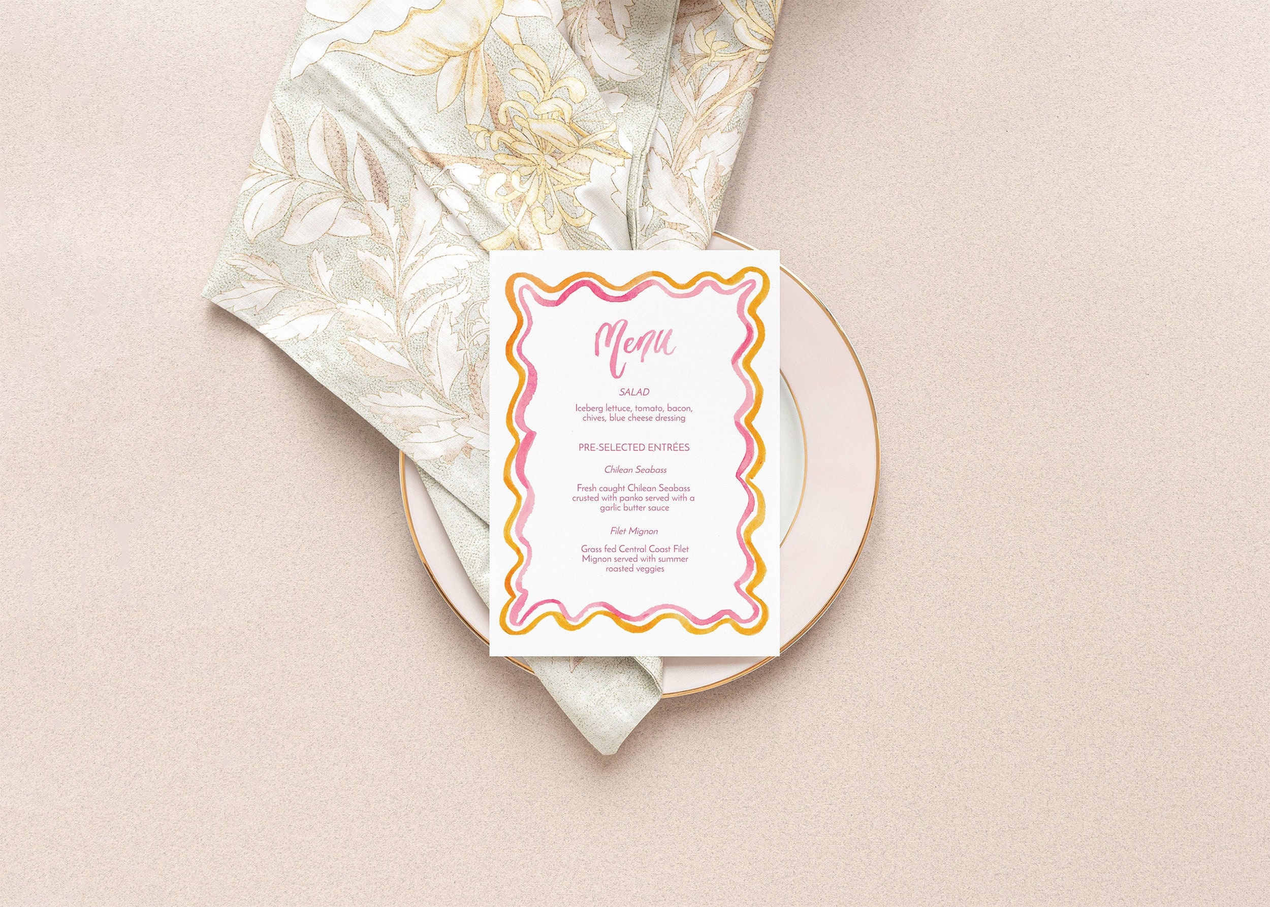 Watercolor Scallop Edge Dinner Menu TEMPLATE, Modern Wavy Menu, Sherbet ...