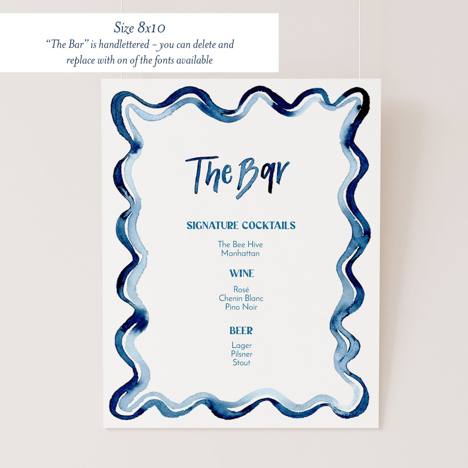 Blue Scallop Edge Bar Menu TEMPLATE Loopy Watercolor Bar - Etsy