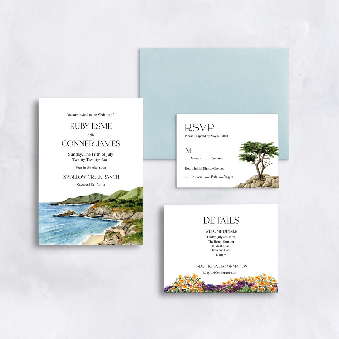 California Wedding Invitation Printable, 5 Piece Suite, Big Sur ...