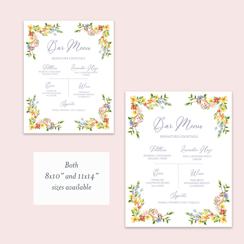 Wildflower Bar Menu Sign TEMPLATE, Watercolor Painted Florals, English ...