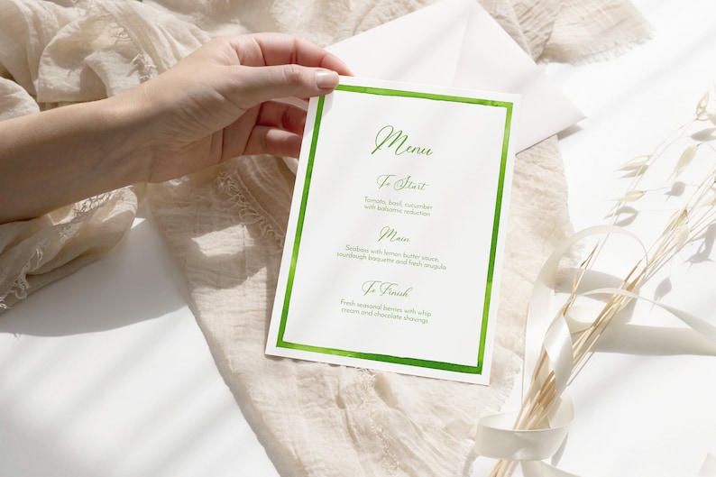 Watercolor Lime Green Frame Wedding Menu Template (5x7) (digital ...