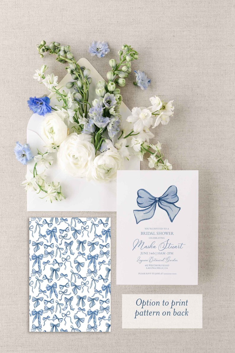 Blue Bow Bridal Shower Invitation: Watercolor Template (5x7) - Etsy