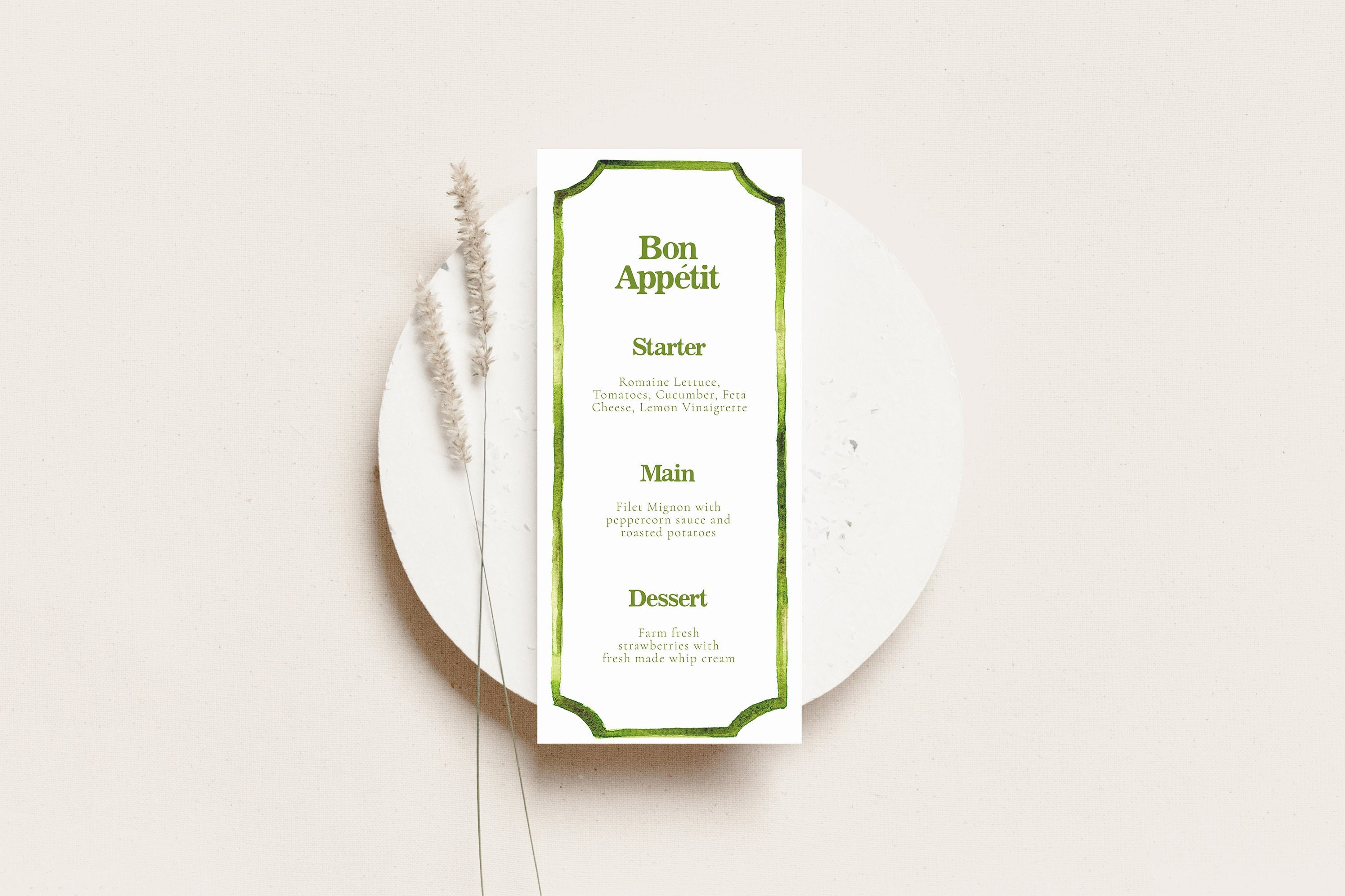 Green Watercolor Edge Dinner Menu Printable Menu Card Look - Etsy
