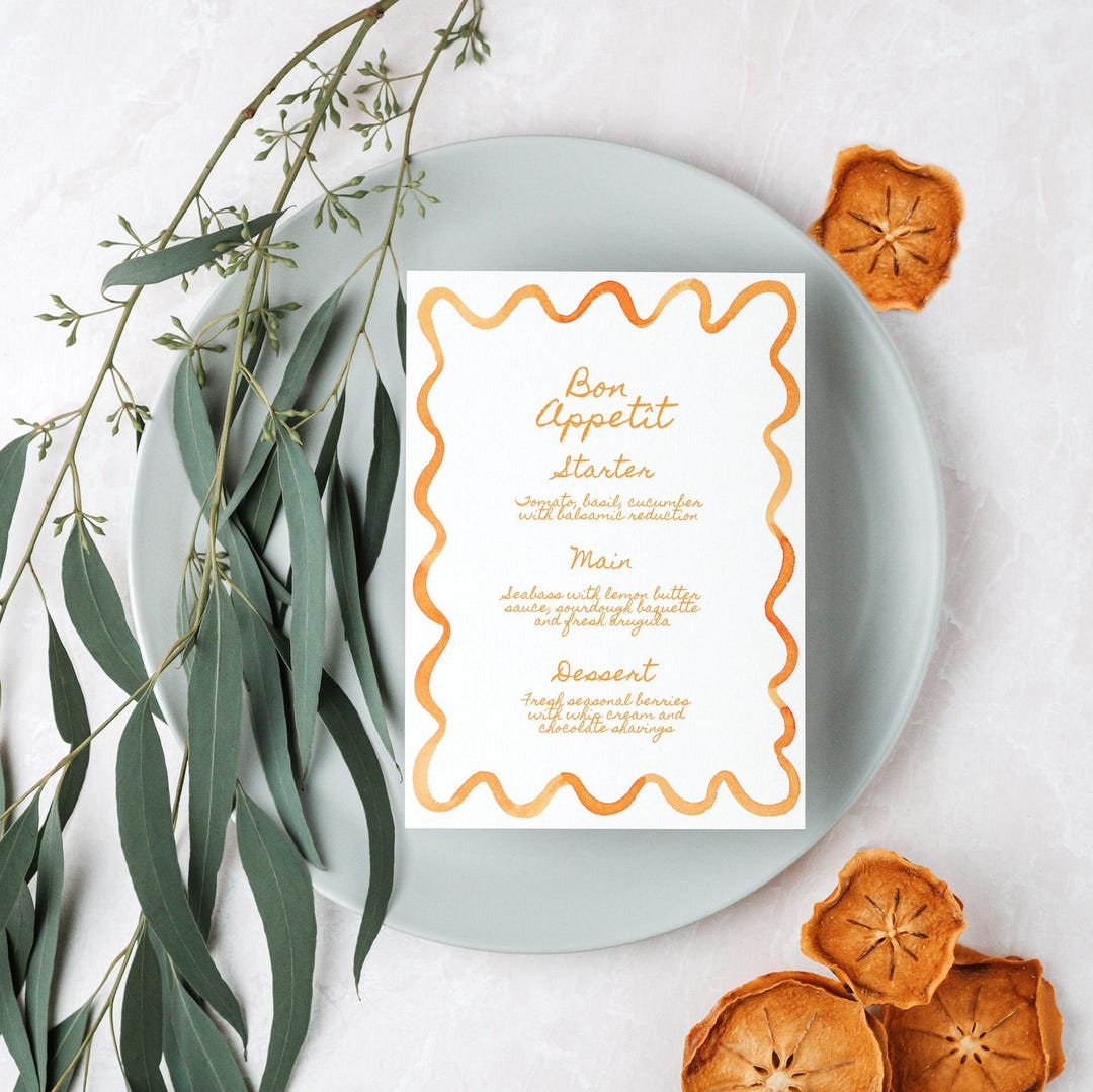 Watercolor Scallop Edge Dinner Menu Template: Apricot Wavy Design (5x7 ...