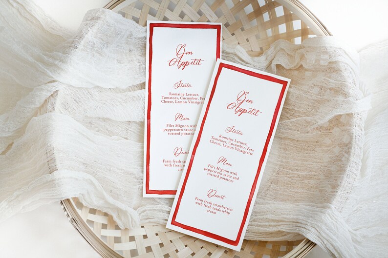 Watercolor Red Frame Dinner Menu TEMPLATE, Red Watercolor Frame, Long ...