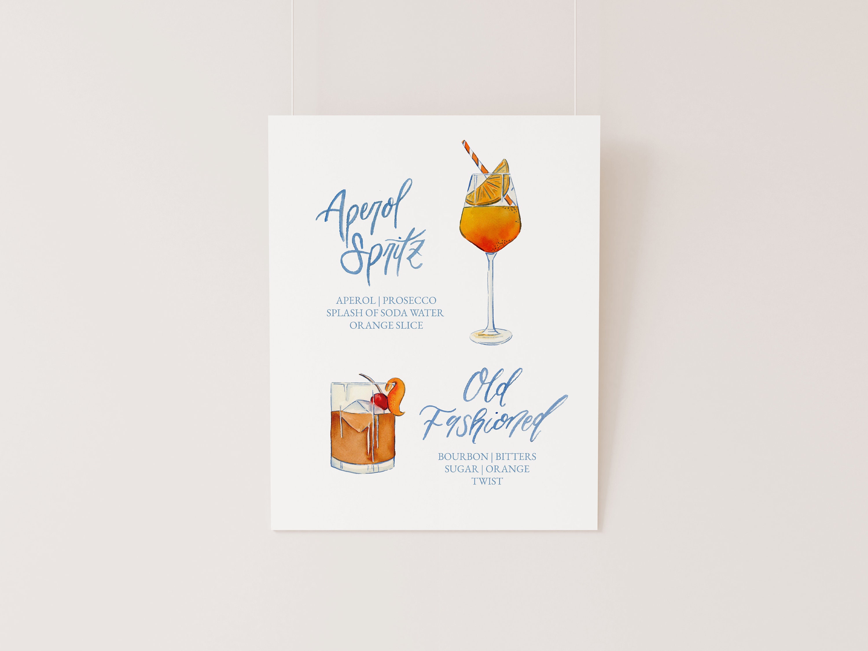 Aperol Spritzer and Old Fashioned Watercolor Cocktail Menu TEMPLATE ...