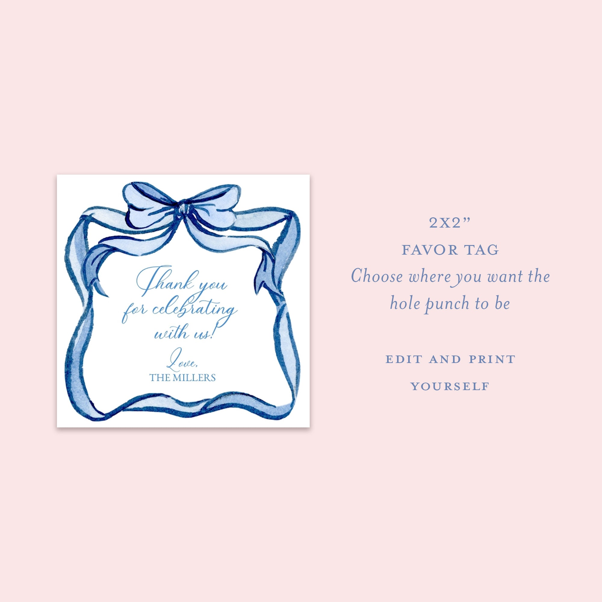 Light Blue Bow Favor Tag, Watercolor Favor Tag TEMPLATE, Watercolor ...