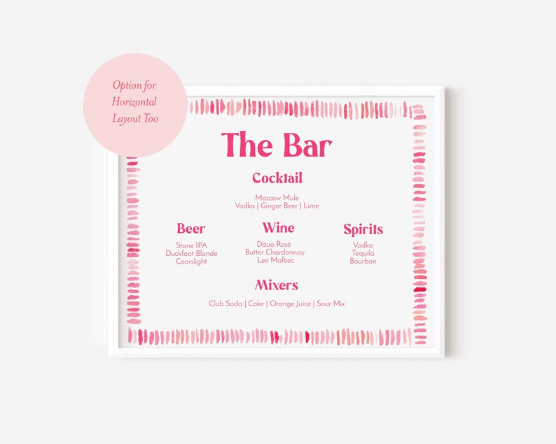 Pink Watercolor Pattern Bar Menu TEMPLATE Modern Retro - Etsy