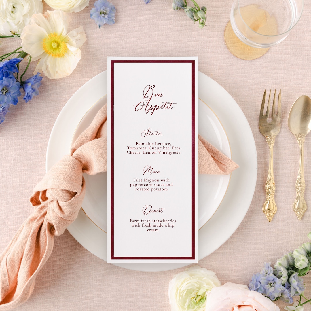 Watercolor Burgundy Frame Dinner Menu TEMPLATE, Claret Watercolor Frame ...