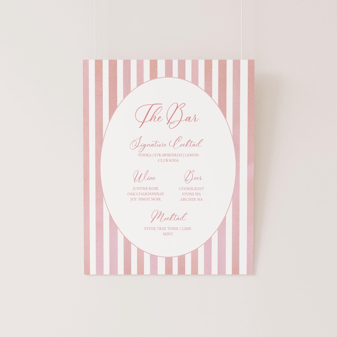 Pink Stripe Bar Menu TEMPLATE, Watercolor Painted Stripes, Modern Menu ...
