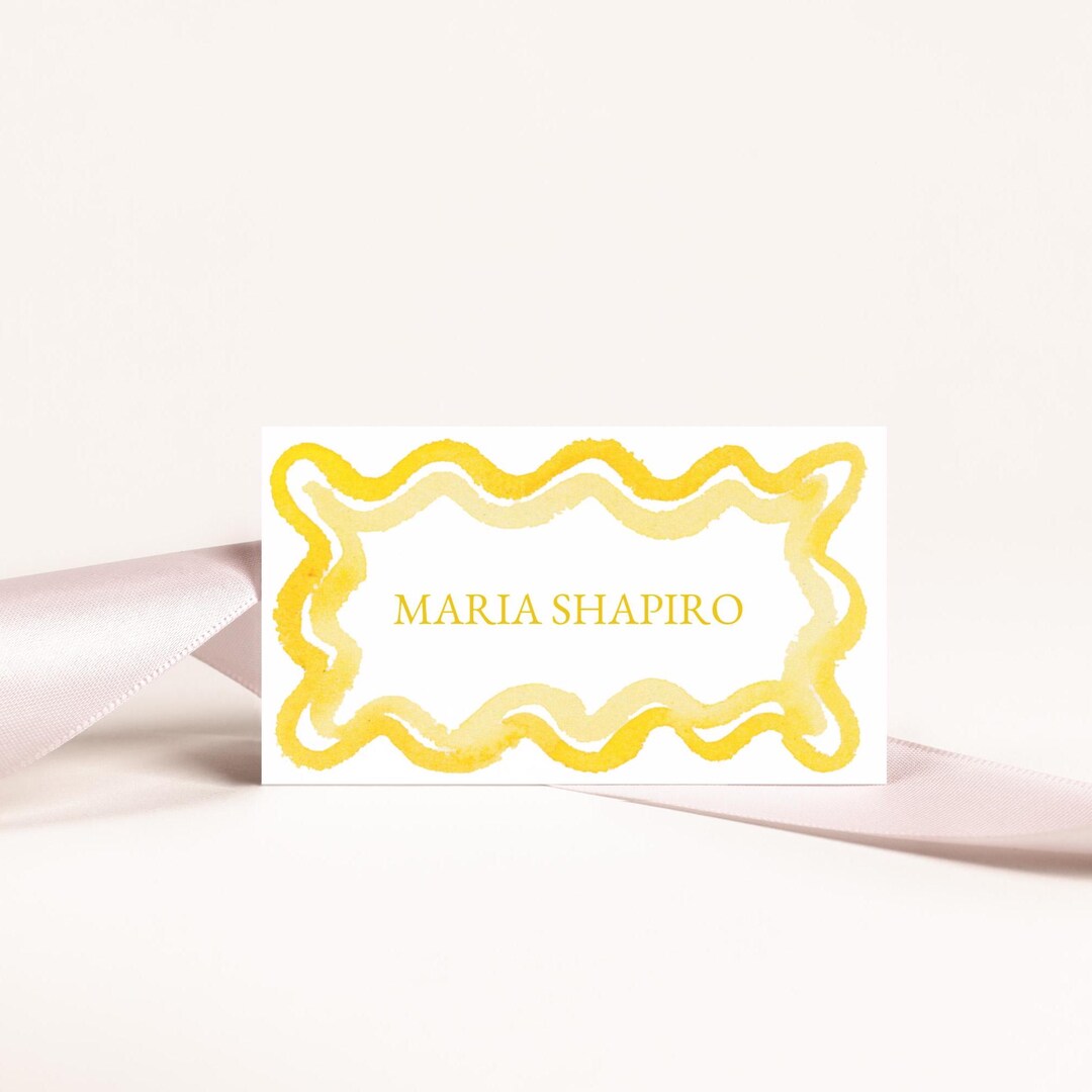 Watercolor Scallop Wedding Place Card Template: Yellow Squiggle (2x3.5 ...