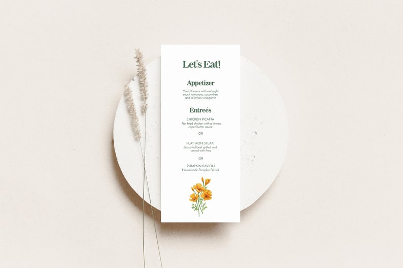 Menu Card Template, California Poppy Menu, Printable Menu Card ...
