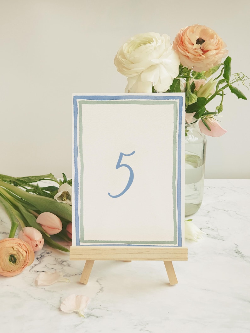 Watercolor Wedding Table Numbers: Blue & Green Frame (digital Template ...