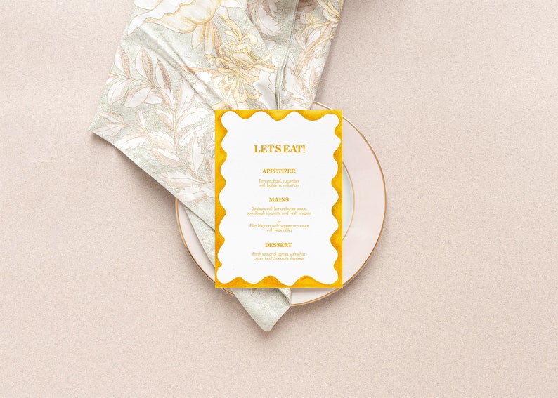 Yellow Scallop Watercolor Frame Dinner Menu TEMPLATE, Modern Wavy Menu ...