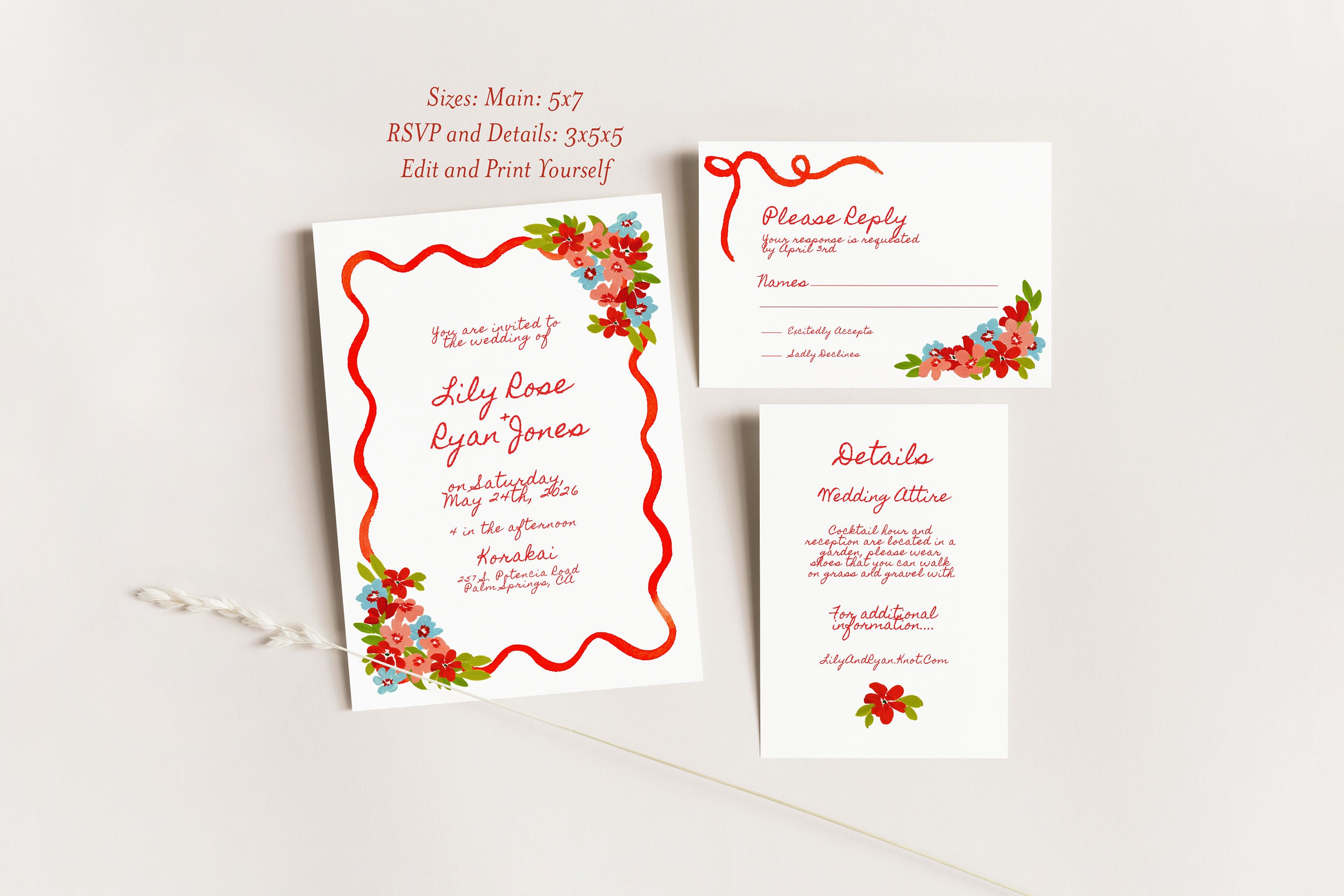 Wedding Invitation TEMPLATE, Squiggle, Gouache Florals, Spanish Style ...