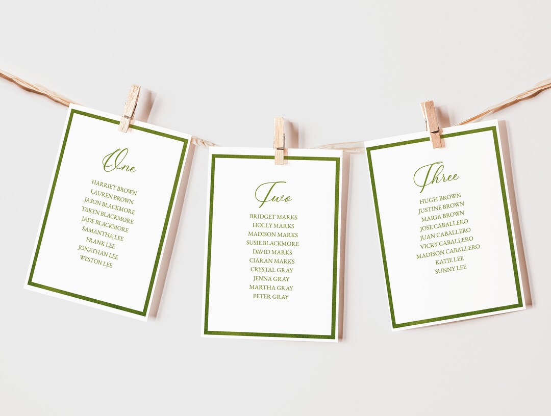 Seating Chart Cards, Editable Table Assignment Sign, Olive Green ...