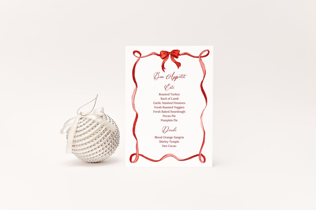 Red Ribbon Christmas Dinner Menu TEMPLATE, Holiday Dinner Menu ...