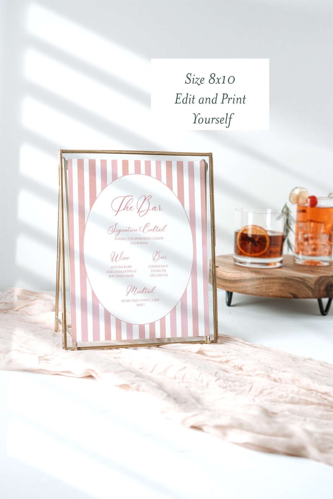 Pink Stripe Bar Menu Template: Modern Wedding Sign (digital Download ...