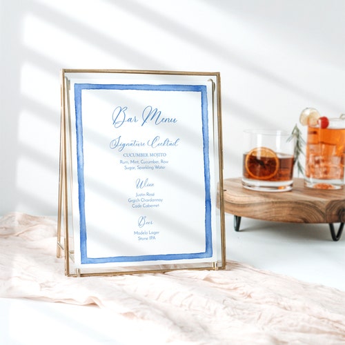 Watercolor Blue Frame Bar Menu TEMPLATE Light Blue Watercolor - Etsy