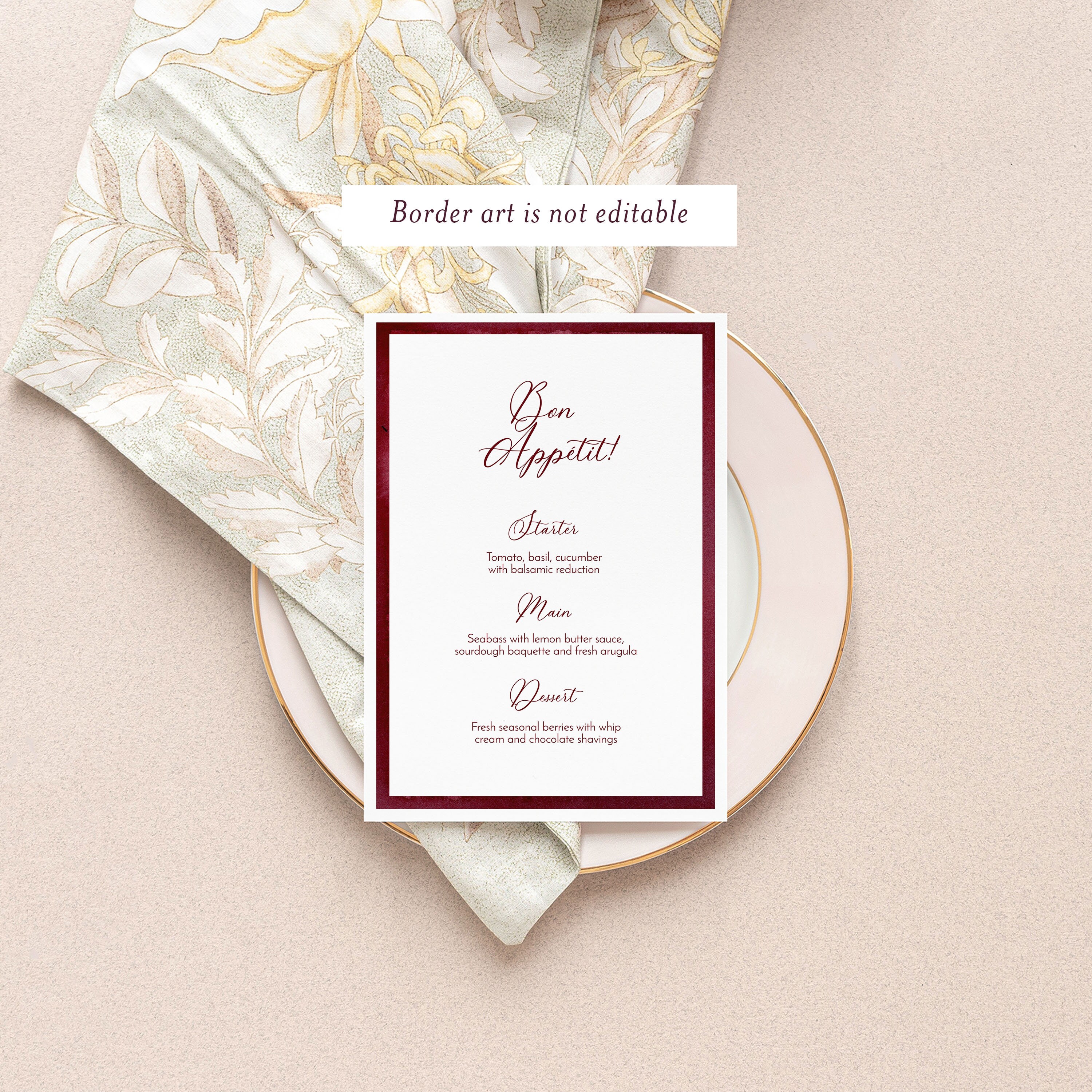 Watercolor Burgundy Frame Dinner Menu TEMPLATE Claret - Etsy