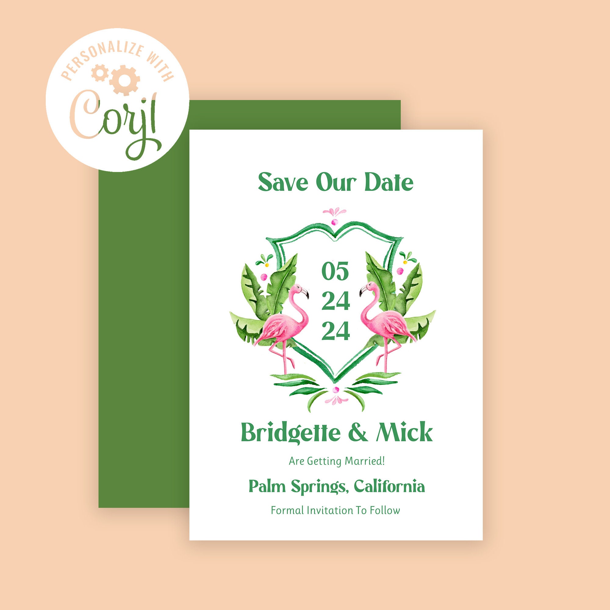 Flamingo Watercolor Crest Save the Date TEMPLATE, Pink and Green ...
