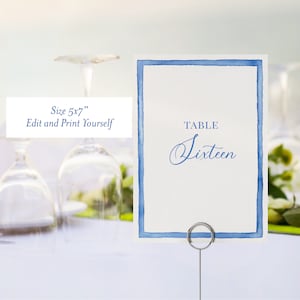 Light Blue Watercolor Frame Table Numbers TEMPLATE, Printable Table ...
