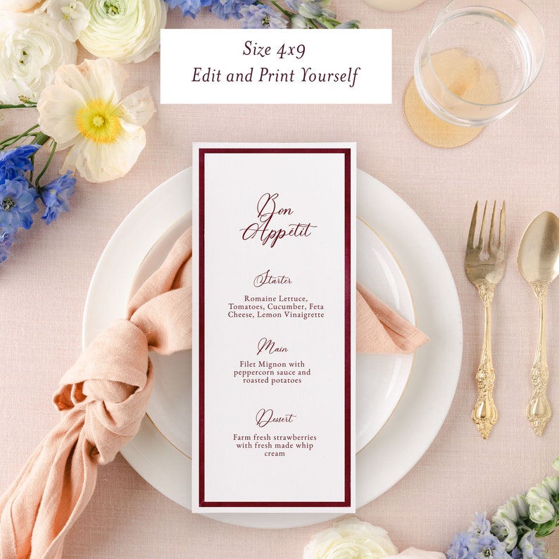 Watercolor Burgundy Frame Dinner Menu TEMPLATE, Claret Watercolor Frame ...