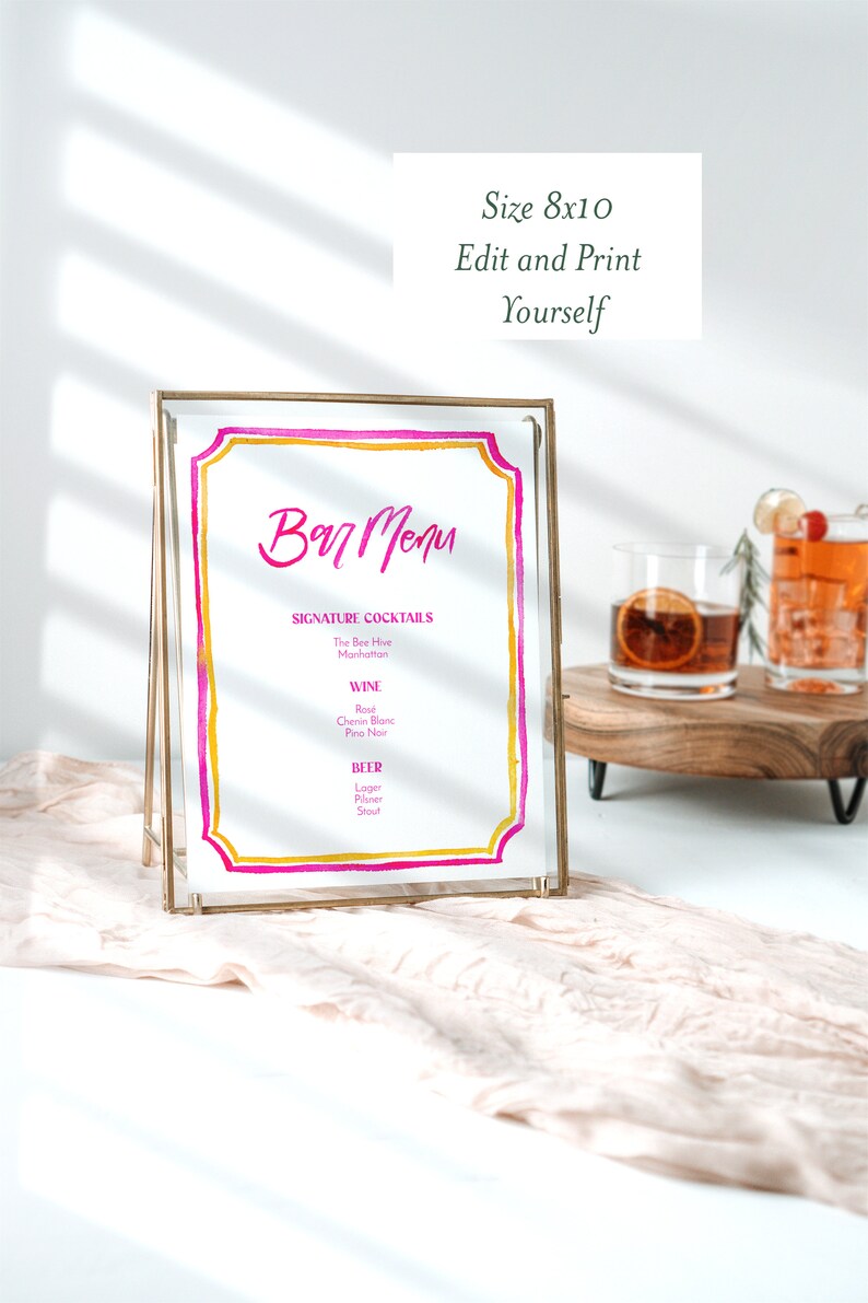 Pink and Yellow Ticket Shape Bar Menu TEMPLATE Watercolor - Etsy