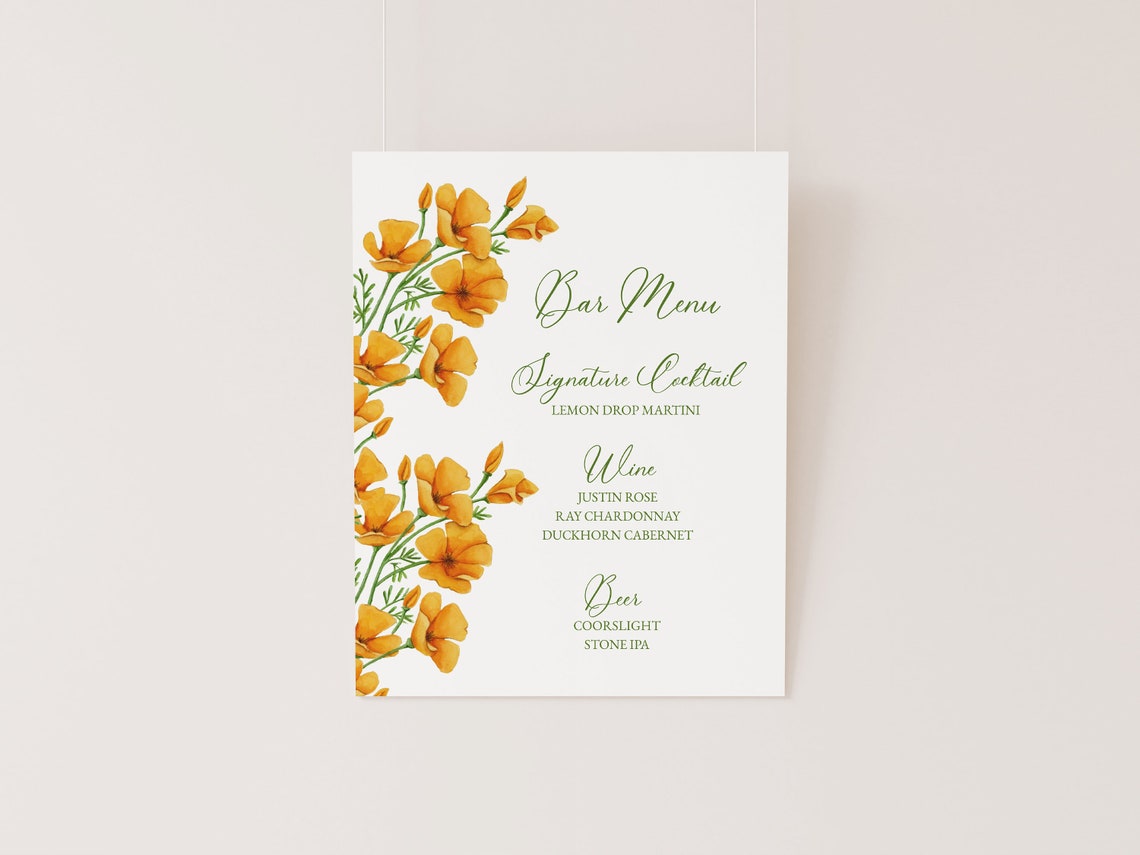 California Poppy Bar Menu Template, Orange Poppies Watercolor Sign ...