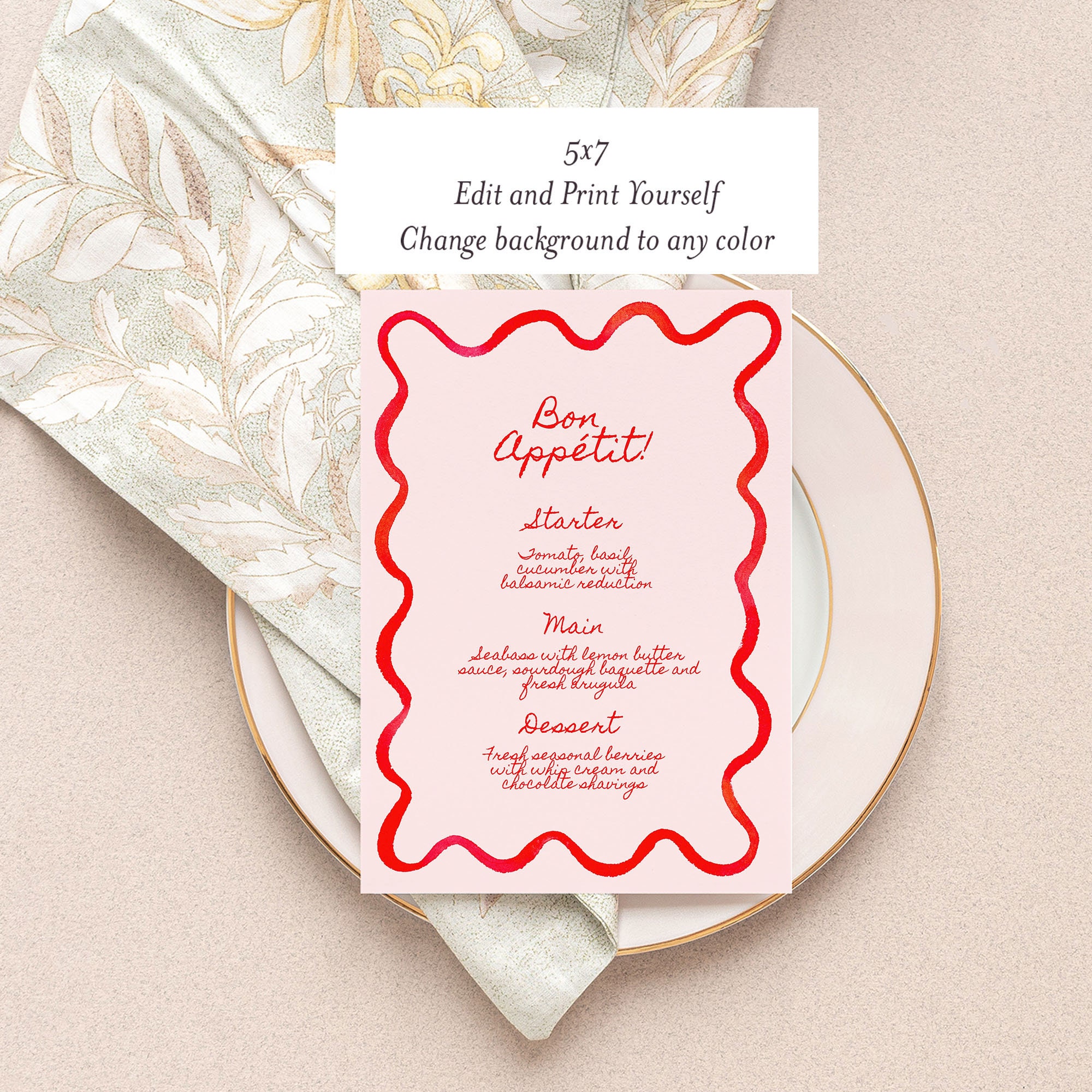 Watercolor Scallop Edge Dinner Menu TEMPLATE, Modern Wavy Menu, Red and ...