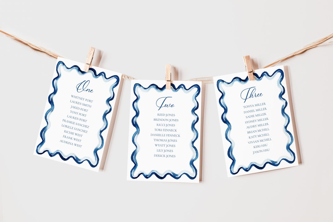 Blue Squiggle Seating Chart, Card Seating Chart, Printable Table ...