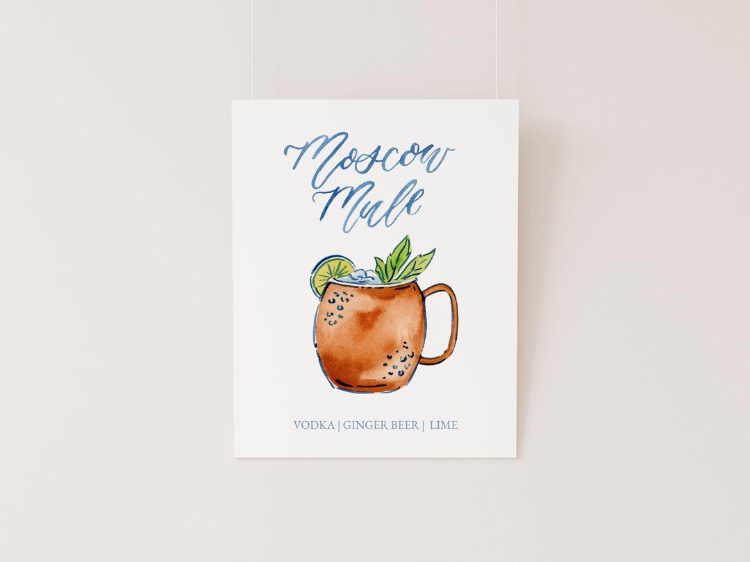 Watercolor Moscow Mule Bar Sign Template: Retro Cocktail Menu (8x10 ...