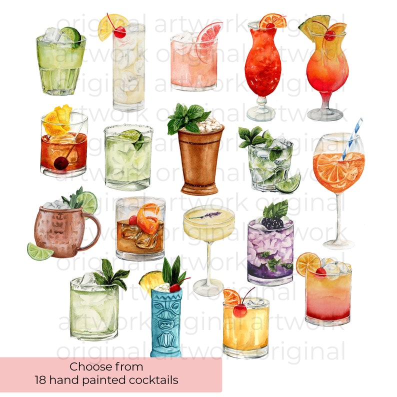 Signature Cocktail Bar Menu TEMPLATE, 3 Watercolor Drinks, 18 Options ...