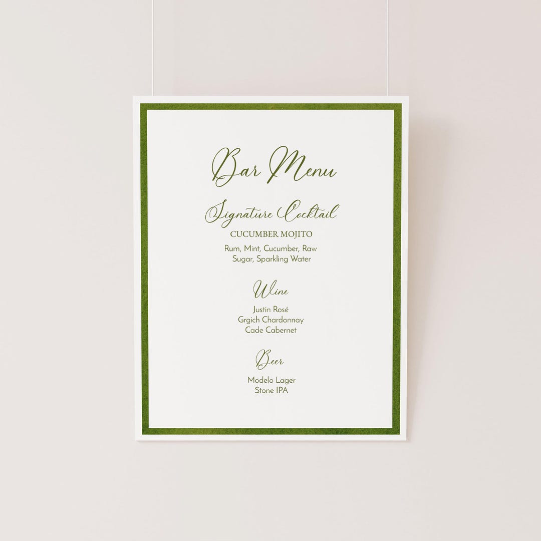 Watercolor Olive Green Bar Menu Template: Elegant Wedding Sign (8x10 ...