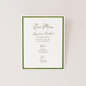 Watercolor Olive Green Bar Menu Template: Elegant Wedding Sign (8x10 ...