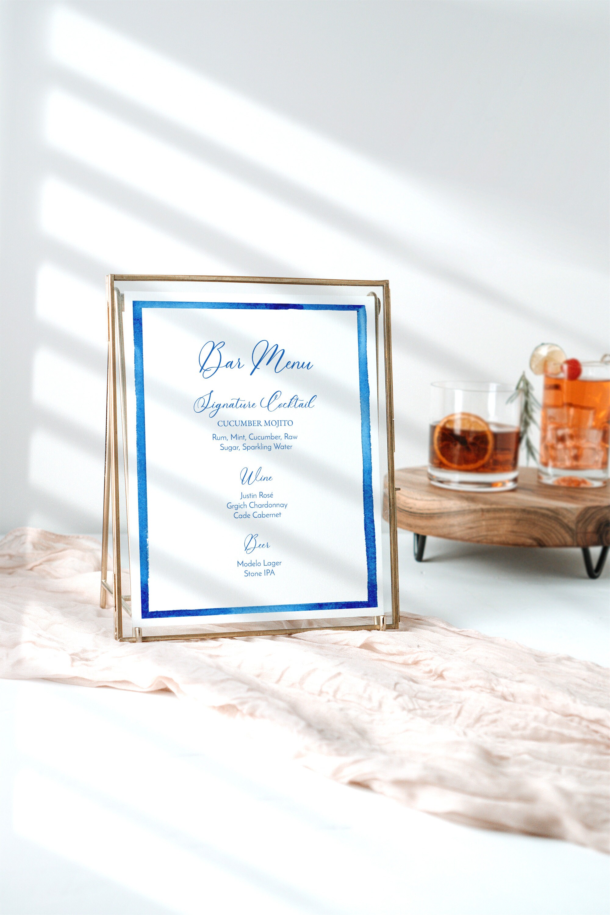 Watercolor Ocean Blue Frame Bar Menu TEMPLATE, Beach Wedding, Blue ...