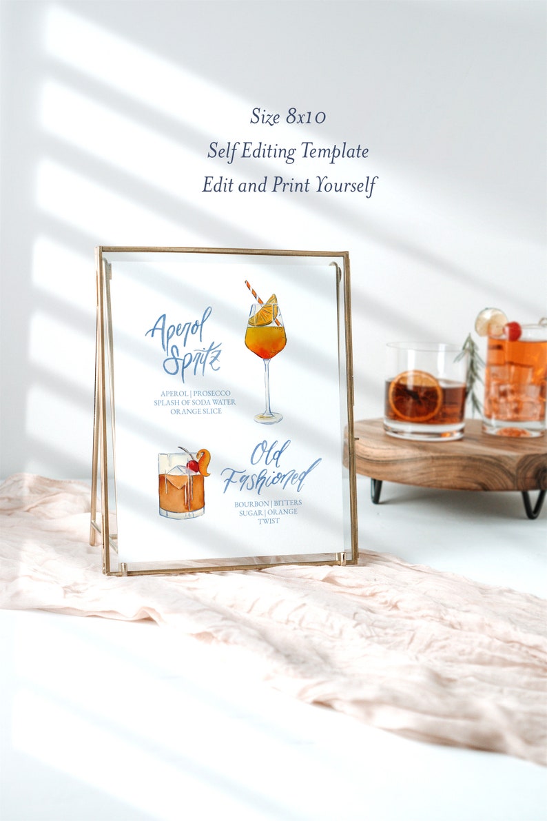 Watercolor Cocktail Menu Template: Aperol Spritz & Old Fashioned (8x10 ...