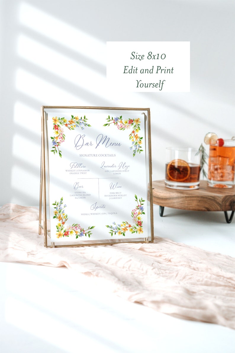 Wildflower Bar Menu Sign TEMPLATE, Watercolor Painted Florals, English ...