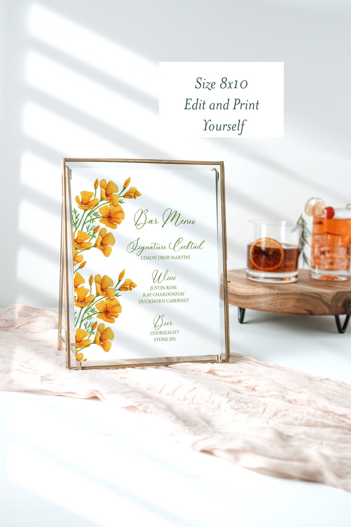 California Poppy Bar Menu Template, Orange Poppies Watercolor Sign ...