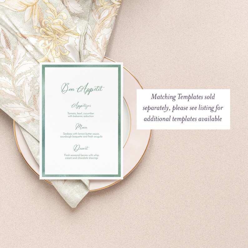 Watercolor Sage Frame Dinner Menu TEMPLATE, Light Green Watercolor ...