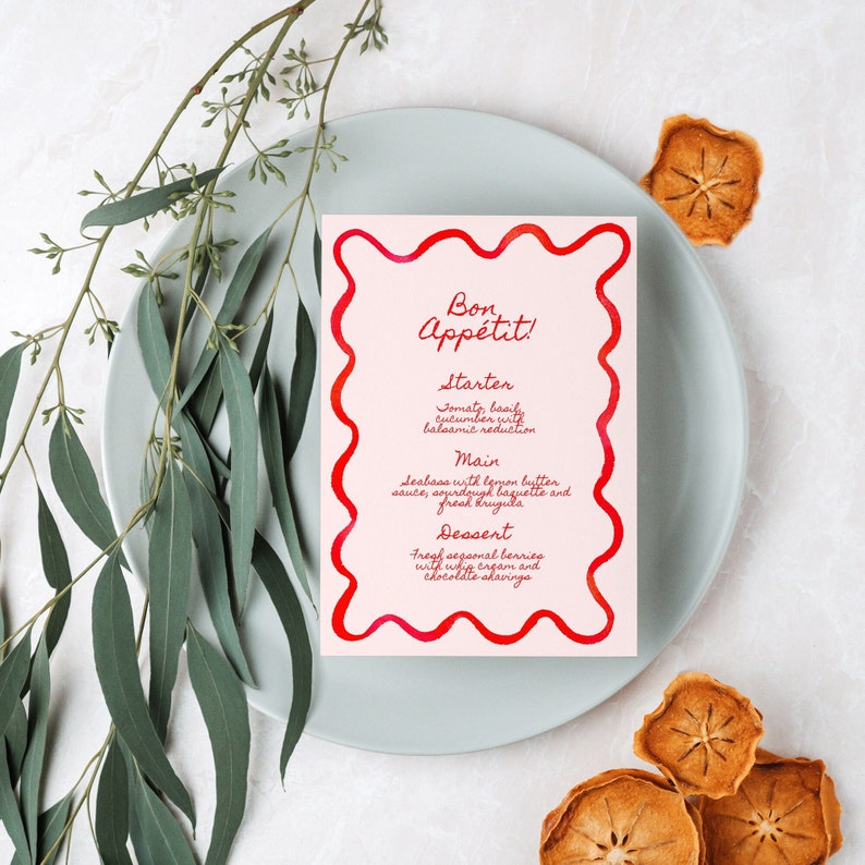 Watercolor Scallop Edge Dinner Menu TEMPLATE, Modern Wavy Menu, Red and ...