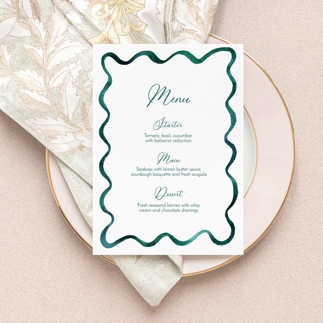 Watercolor Scallop Edge Dinner Menu TEMPLATE, Loopy Watercolor Menu ...