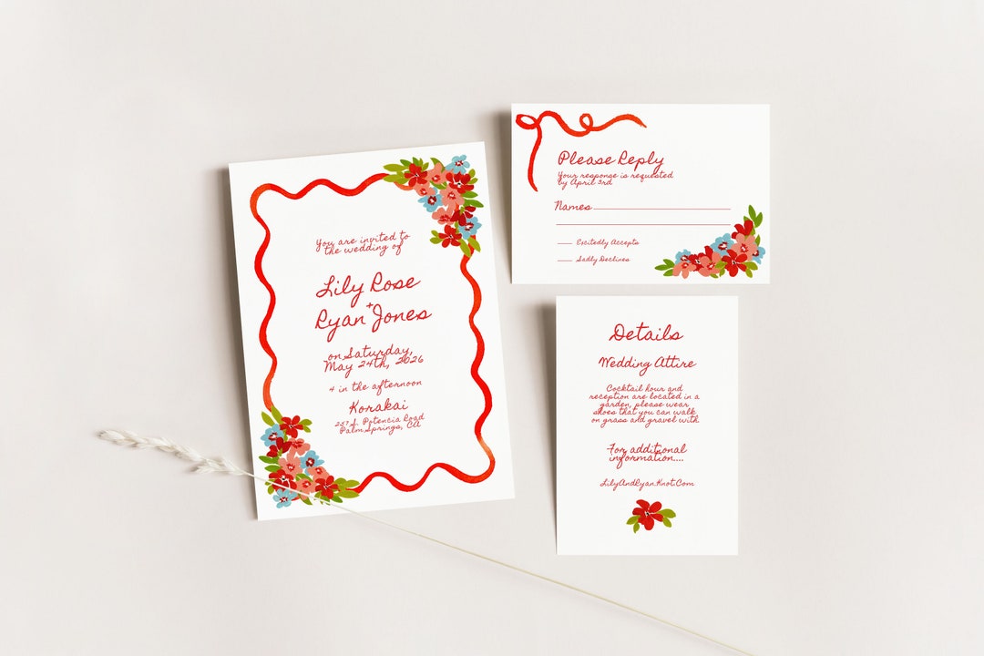 Wedding Invitation TEMPLATE, Squiggle, Gouache Florals, Spanish Style ...