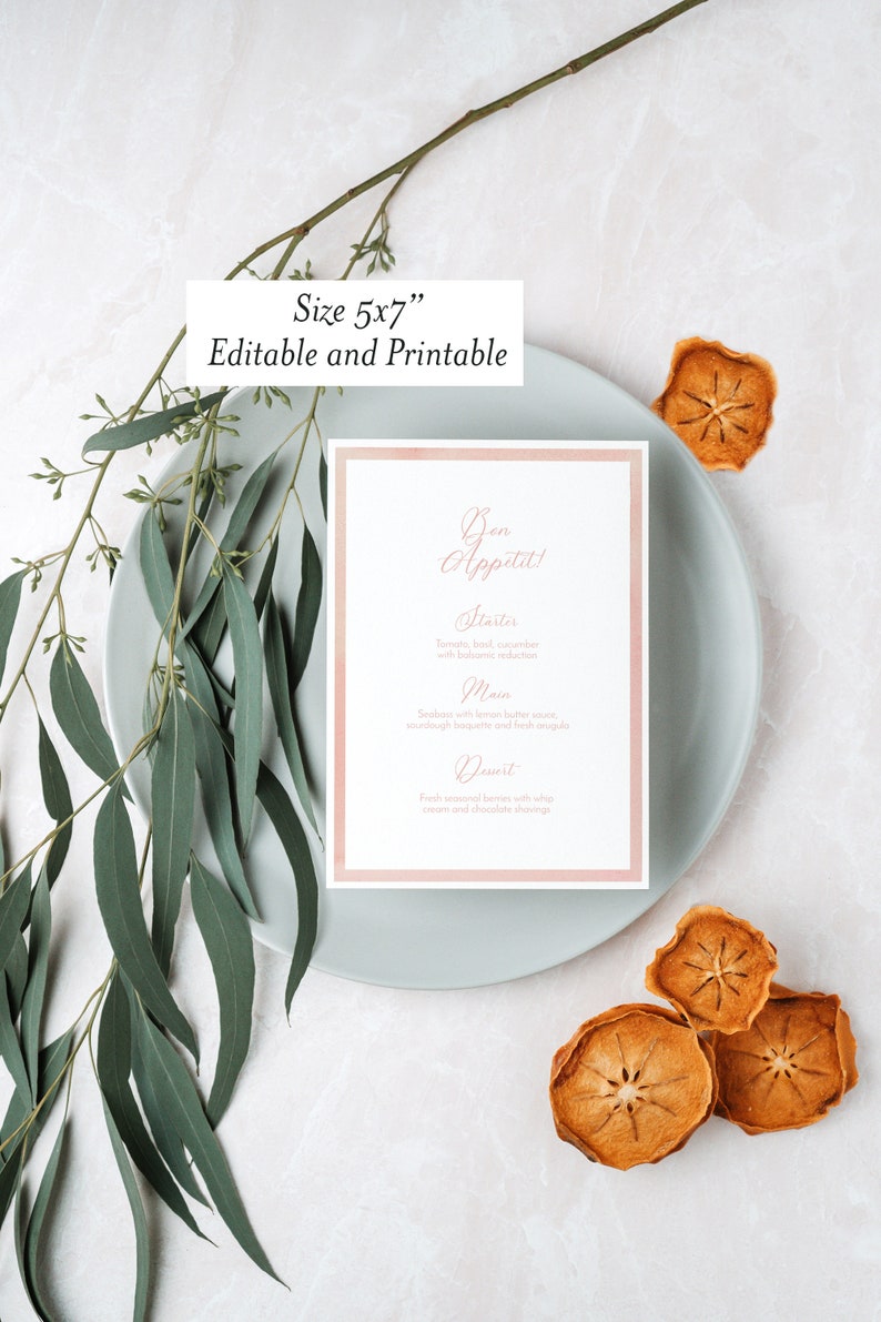 Watercolor Blush Frame Dinner Menu TEMPLATE Watercolor Frame - Etsy