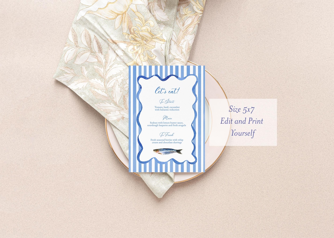 Illustrated Sardine Dinner Menu Template: Italy Wedding, 5x7 (digital ...