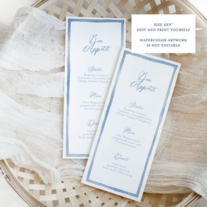Watercolor Blue Frame Dinner Menu TEMPLATE, Light Blue Watercolor Frame ...