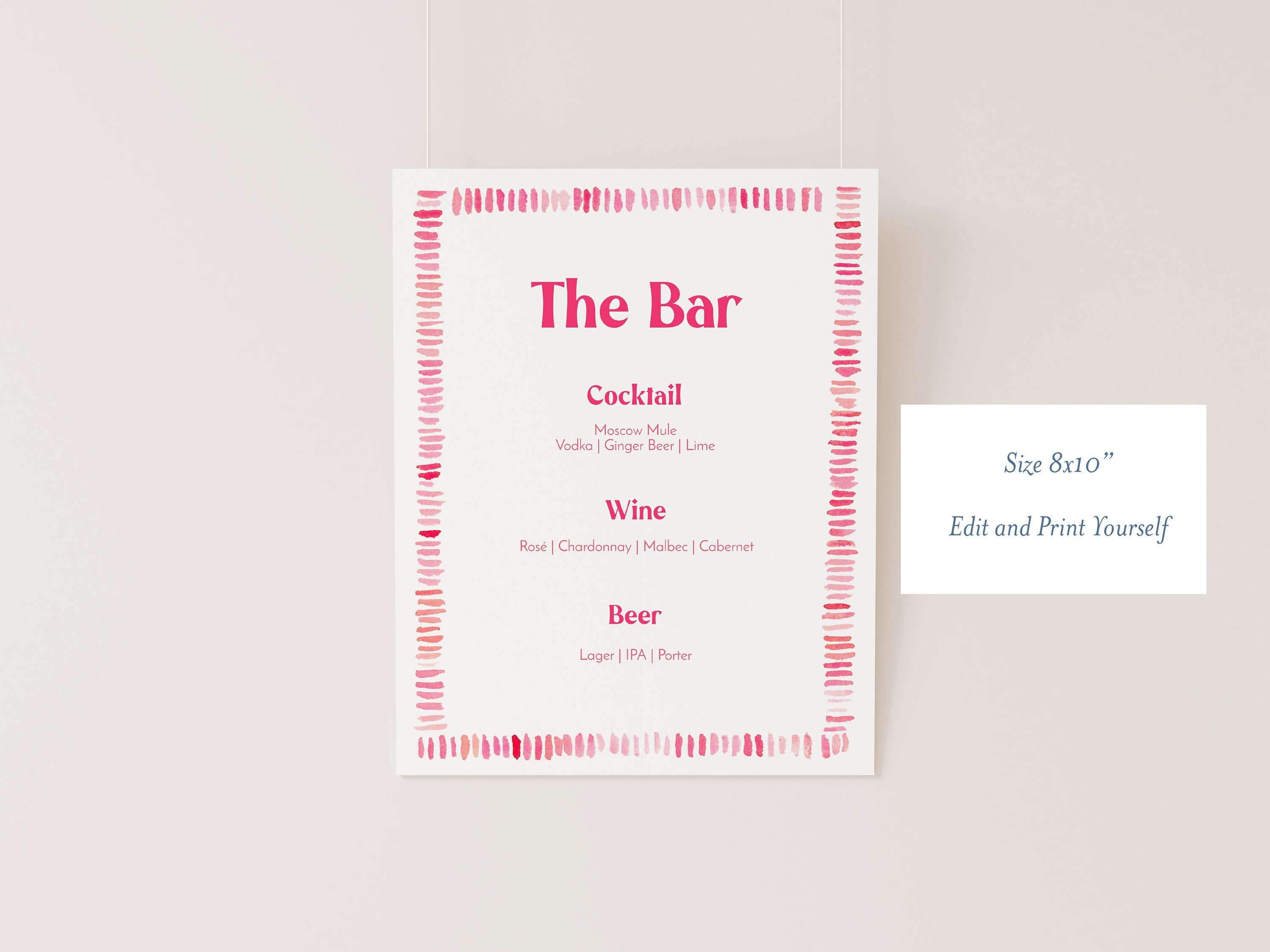 Pink Watercolor Pattern Bar Menu TEMPLATE Modern Retro - Etsy