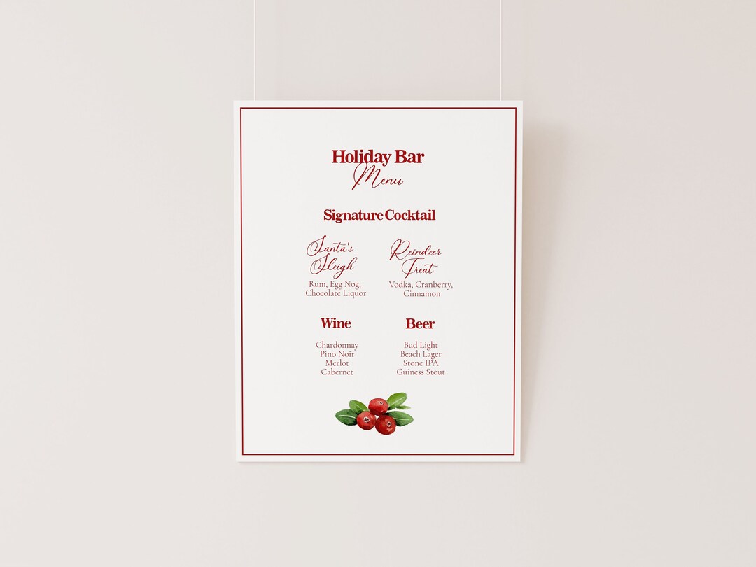 Christmas Bar Menu TEMPLATE, Holiday Party Bar Sign Printable ...